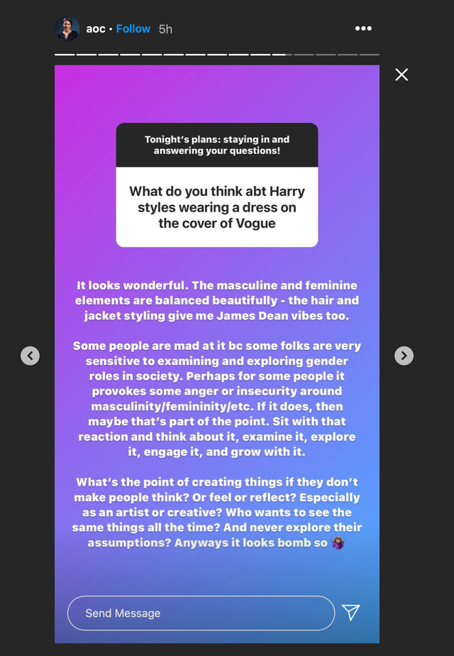 AOC defends Harry Styles for wearing a dress on Vogue cover: ‘It looks ...