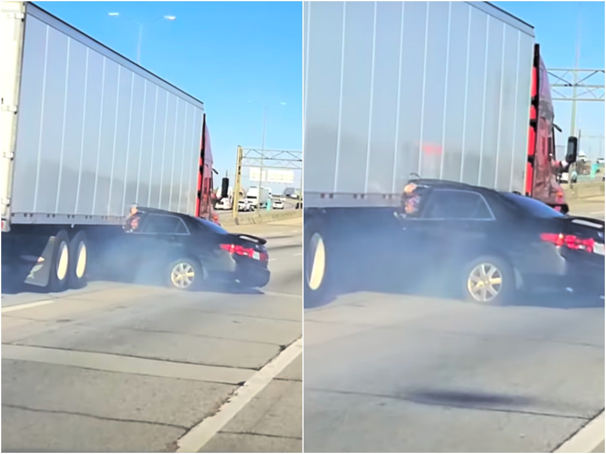 Horror video shows truck drag car down highway as driver waves for help ...