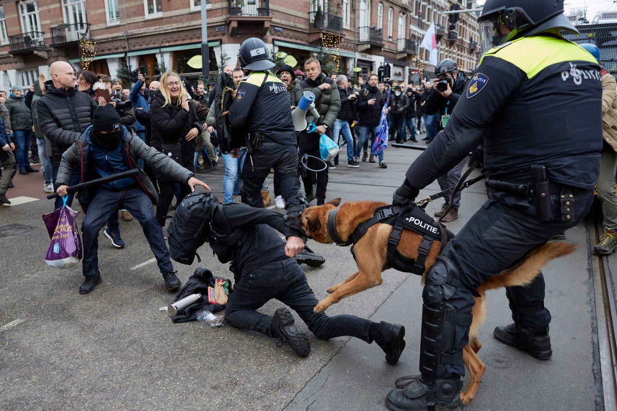 Dutch riot police clash with anti-lockdown protesters | The Independent