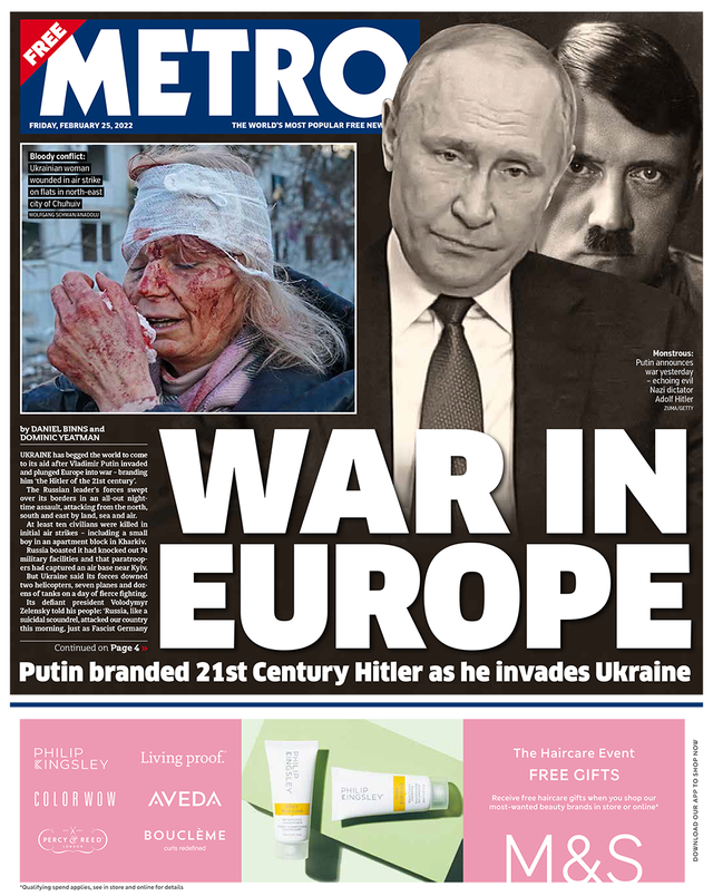 ‘A dark day for Europe’: How UK newspapers reported Russia’s invasion ...