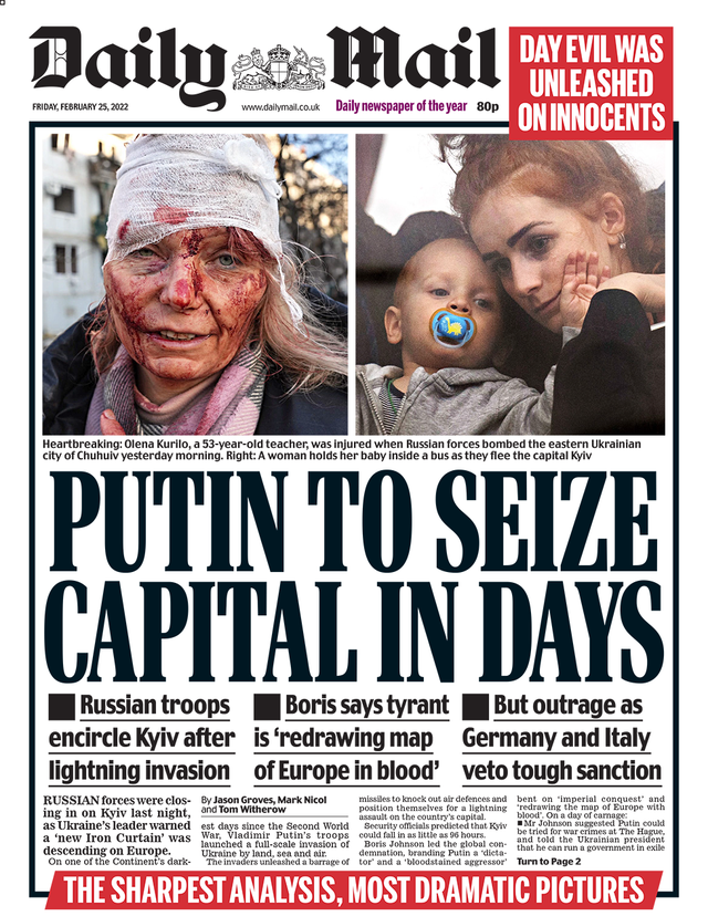 ‘A dark day for Europe’: How UK newspapers reported Russia’s invasion ...