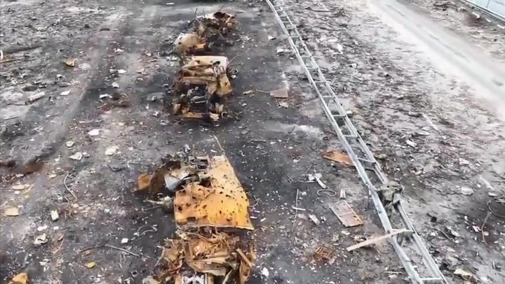 Destroyed Russian military vehicles strewn across motorway near Kyiv ...