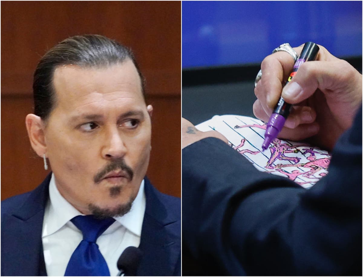 Johnny Depp trial: Footage of actor showing a doodle to his lawyer ...