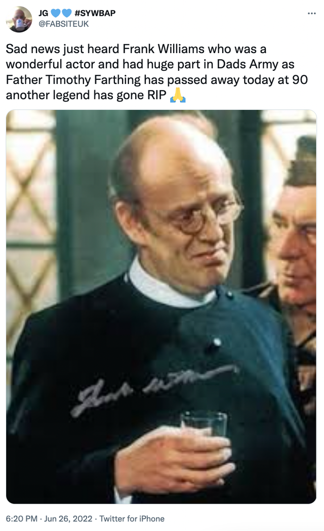 Frank Williams death: Dad’s Army star dies aged 90 | The Independent
