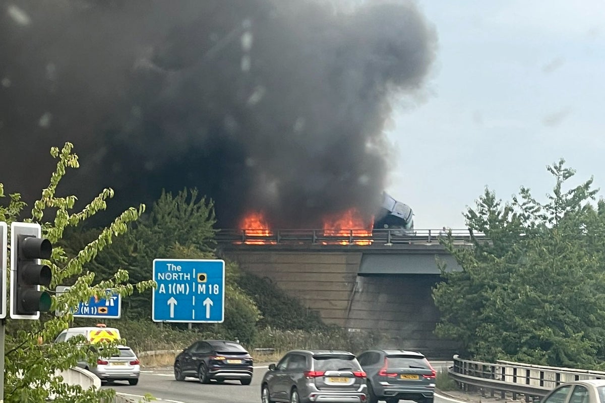 M18 crash: Driver killed after lorry catches fire on motorway | The ...
