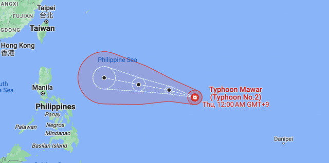Trajectory of Typhoon Mawar: Eye narrowly passes Guam before moving ...