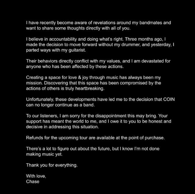 Coin frontman announces disbandment following ‘revelations around my ...