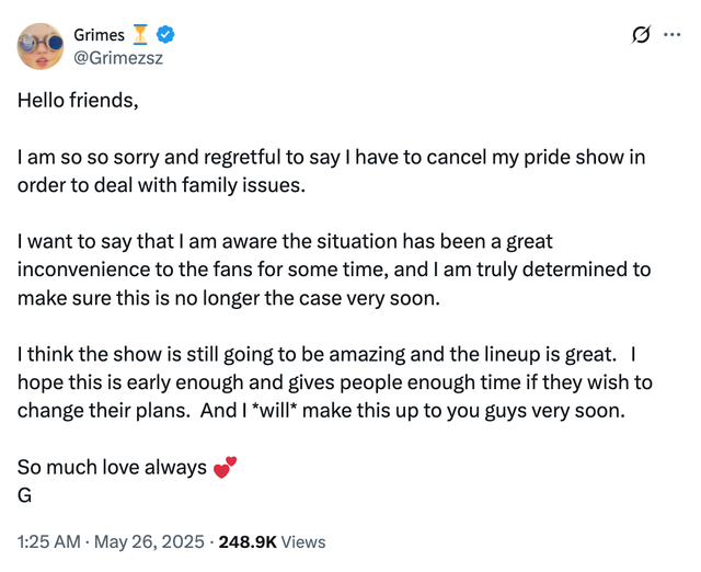 Grimes pulls out of Pride performance citing ‘family issues’ | The ...
