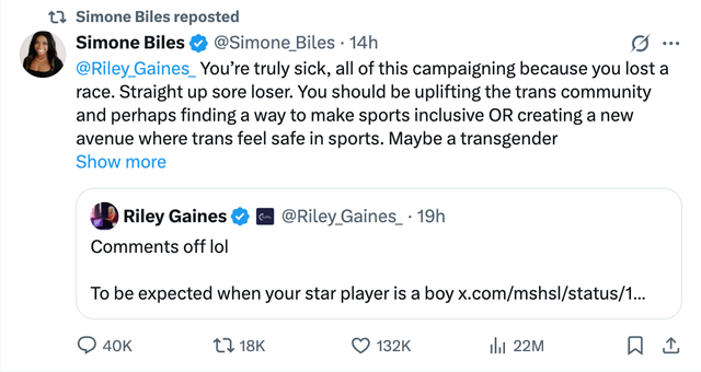 Simone Biles blasts ‘truly sick’ Riley Gaines over comments on junior ...
