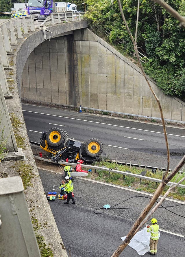 Man in hospital after tractor falls from M20 bridge onto motorway | The ...