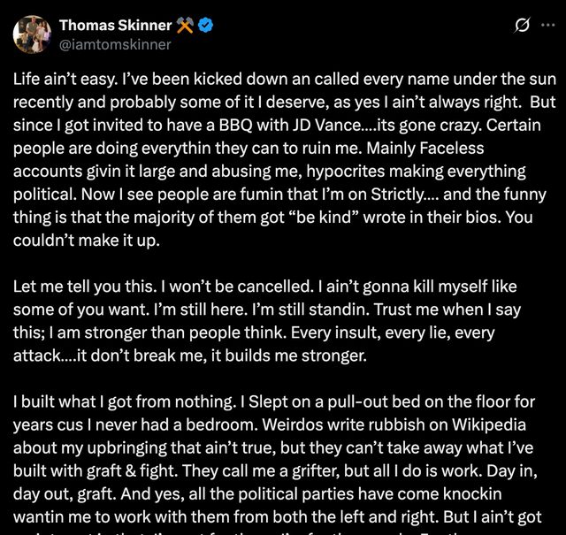 Thomas Skinner addresses criticism of Strictly 2025 appearance | The Independent