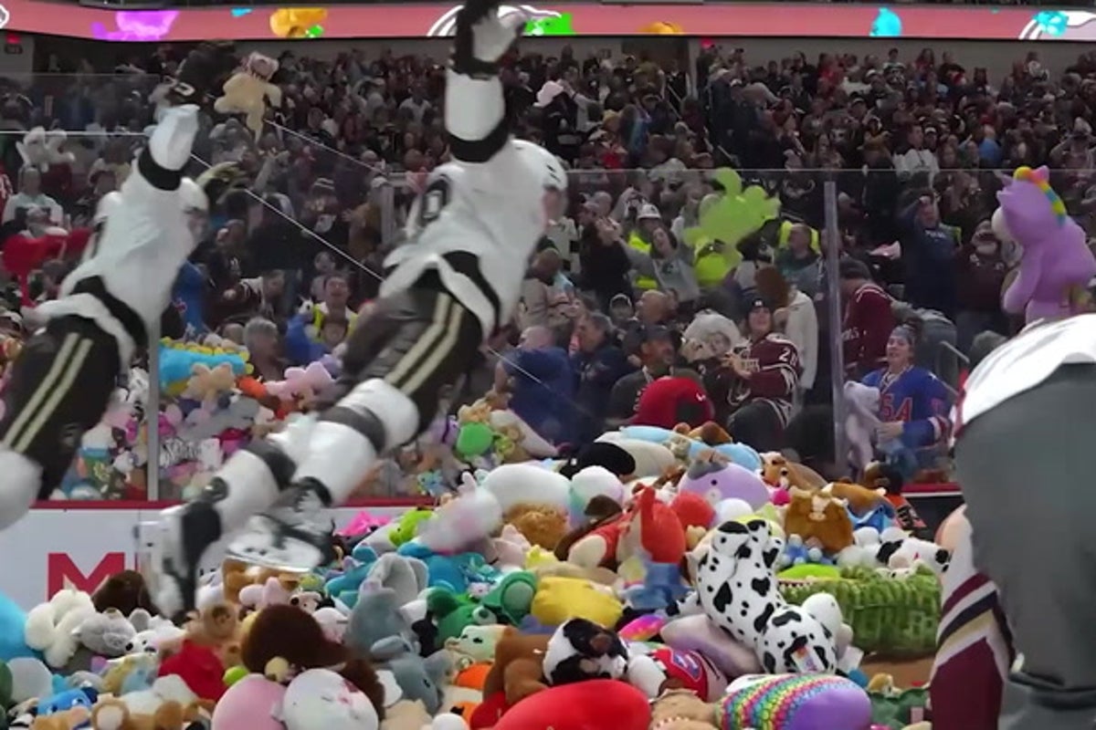 Watch as 80,000 teddy bears are tossed onto ice rink in ‘sweet, cuddly ...