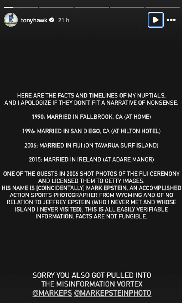 Tony Hawk hits out at ‘narrative of nonsense’ that he got married on ...