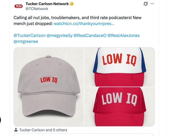 Tucker Carlson begins selling merchandise referencing Trump’s whining ...