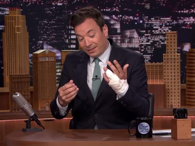 Jimmy Fallon almost needed his finger amputated after he fell over and ...