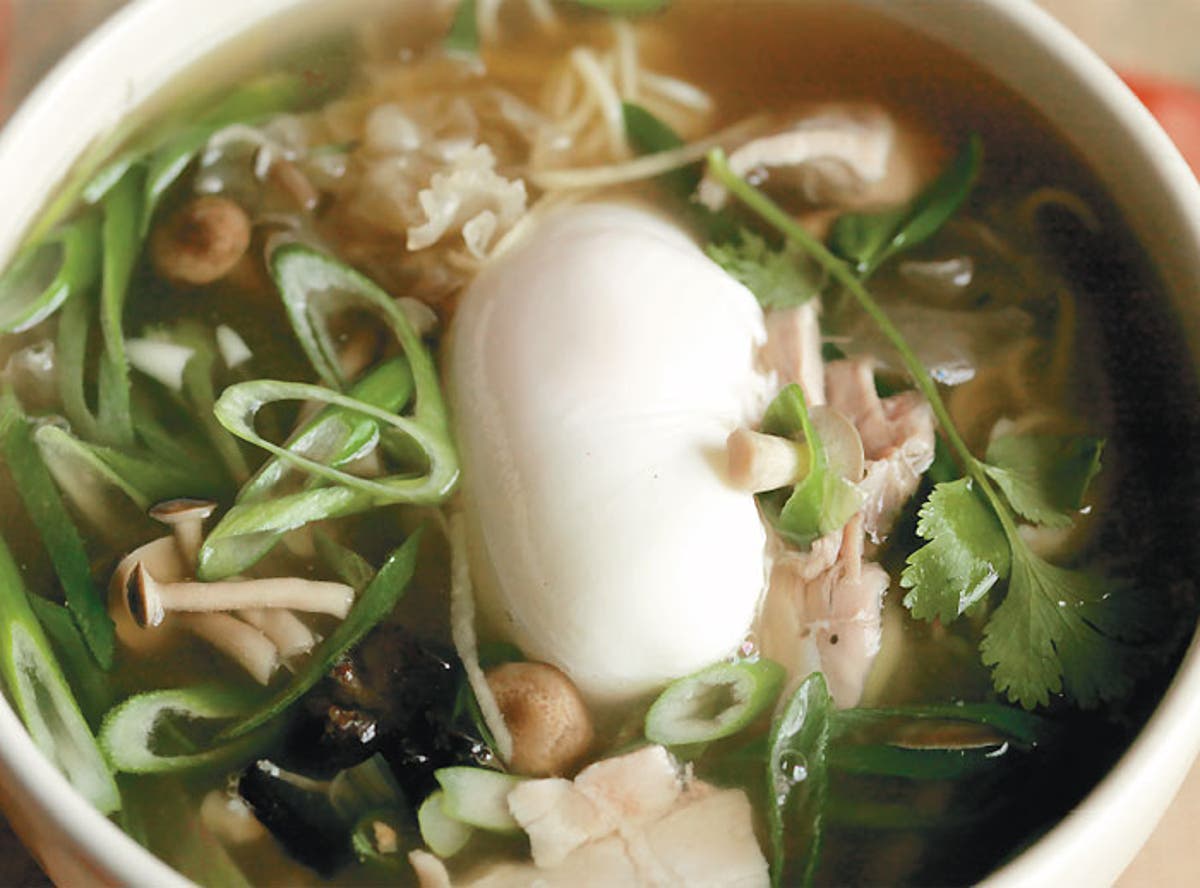 Chicken broth with mushrooms, ginger and poached Cotswold legbar egg ...