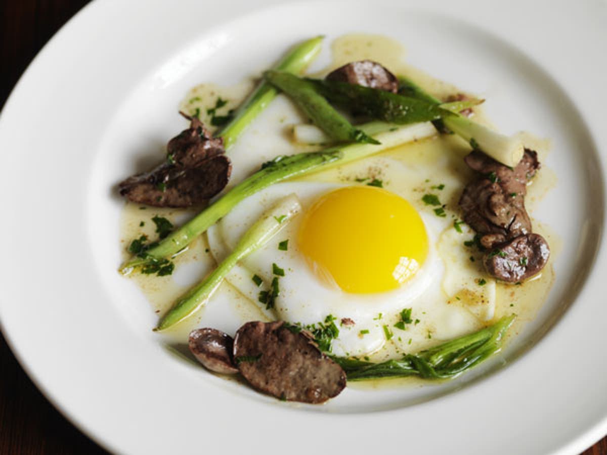 Fried duck egg with rabbit offal and spring leeks | The Independent ...