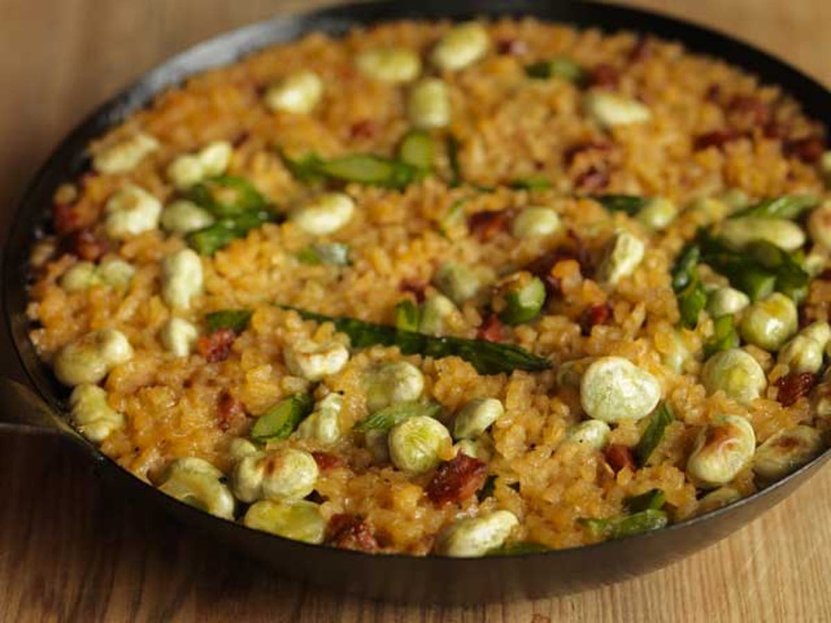 Chorizo, broad bean and asparagus rice | The Independent | The Independent