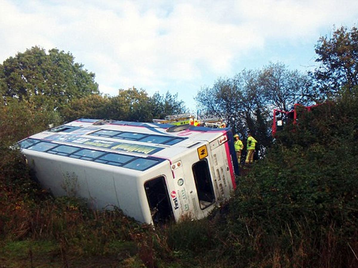 Double-decker college bus carrying 56 students crashes and overturns in ...