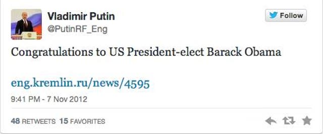Vladimir Putin's first tweet congratulates President Obama after White ...