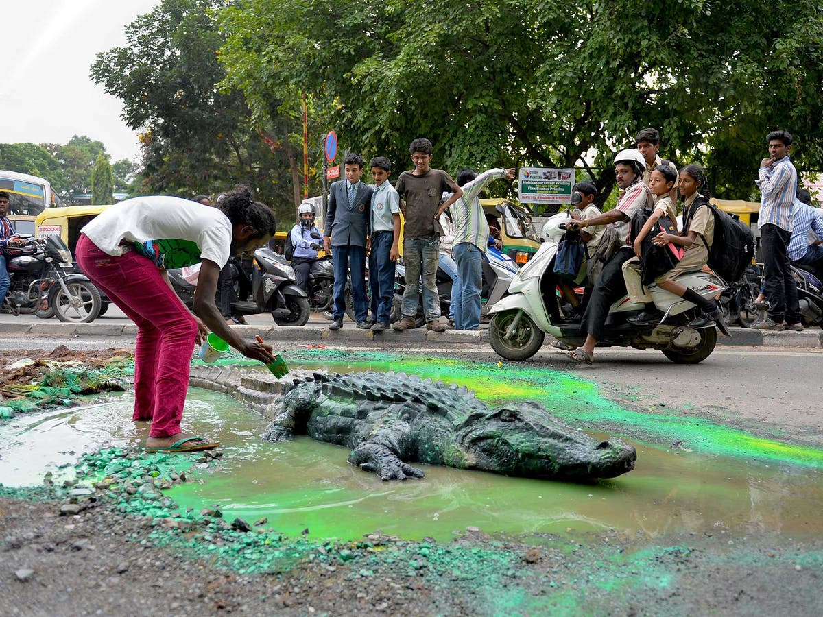 Indian artist creates crocodile pothole to encourage authorities to ...