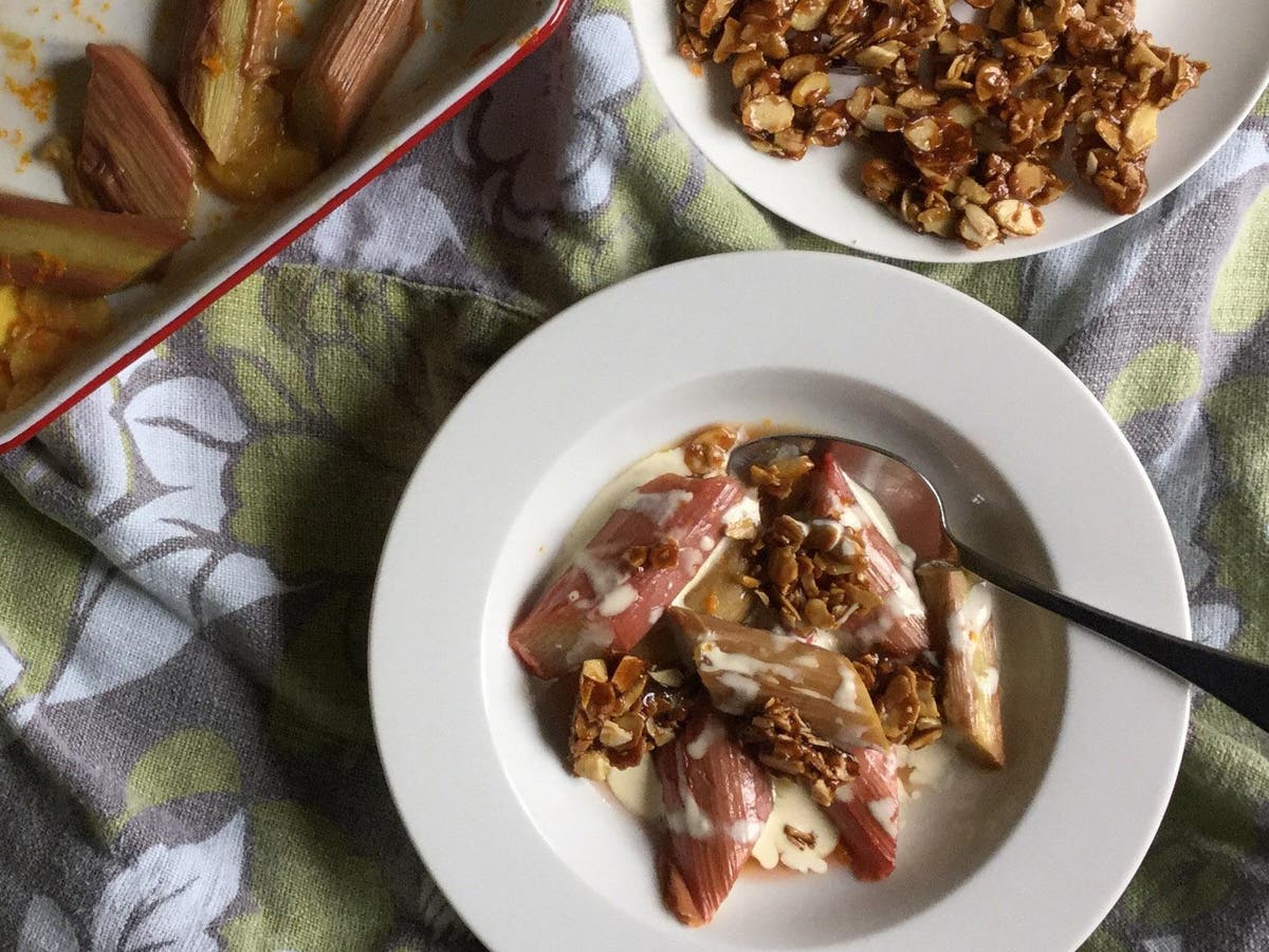 How to make orange and ginger poached rhubarb with almond brittle | The ...