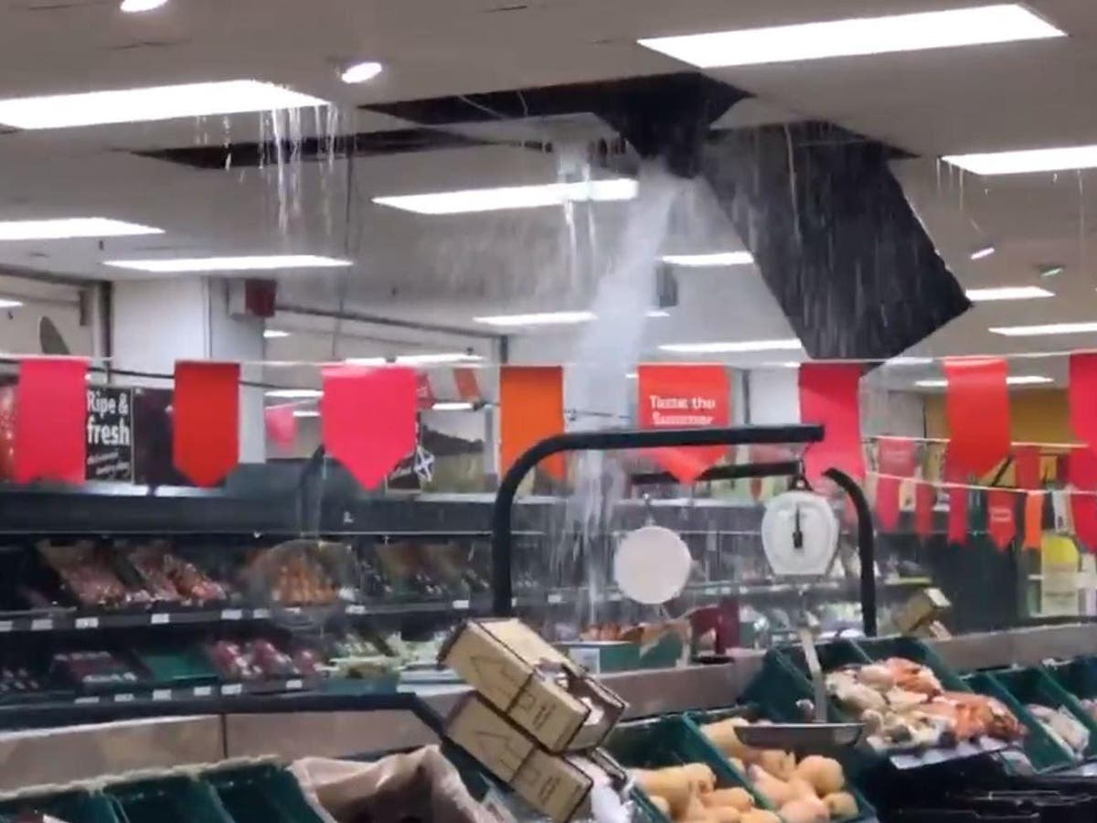 Shopper films Tesco roof collapsing and water pouring into aisles as ...