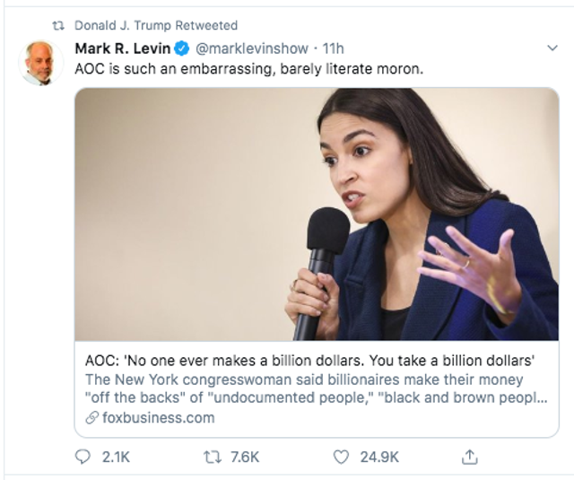 Trump retweets attack on AOC calling her an 'embarrassing, barely ...