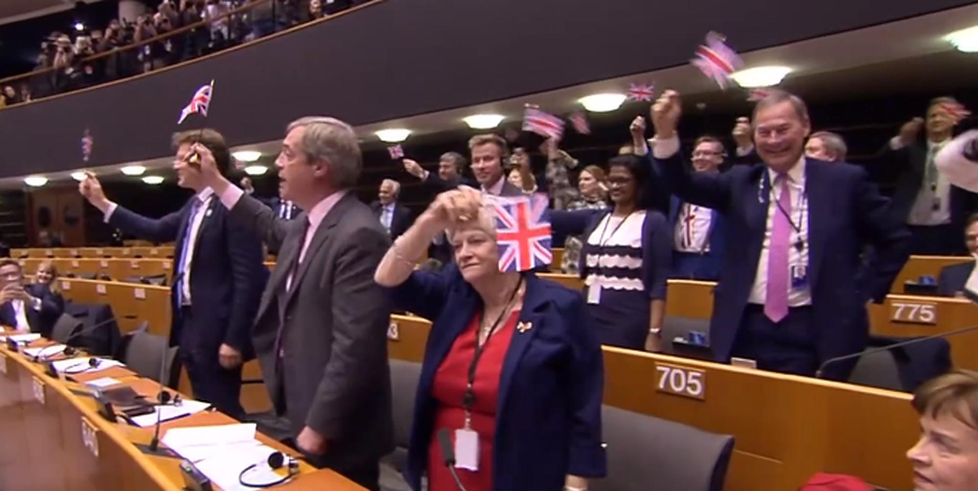 Brexit Day Brexit Party Meps Wave Tiny British Flags During Nigel