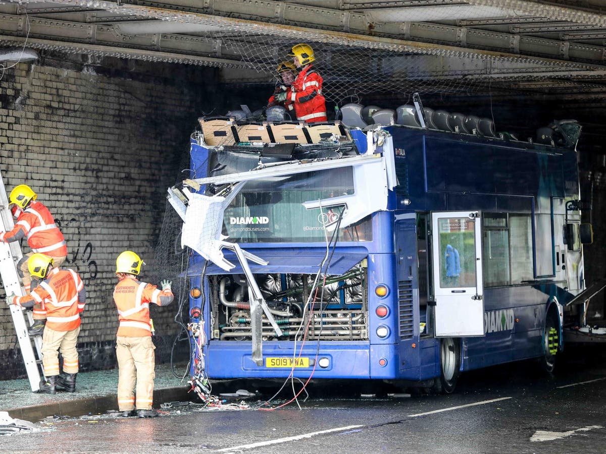Nine injured after double-decker bus crashes into bridge in Rochdale ...
