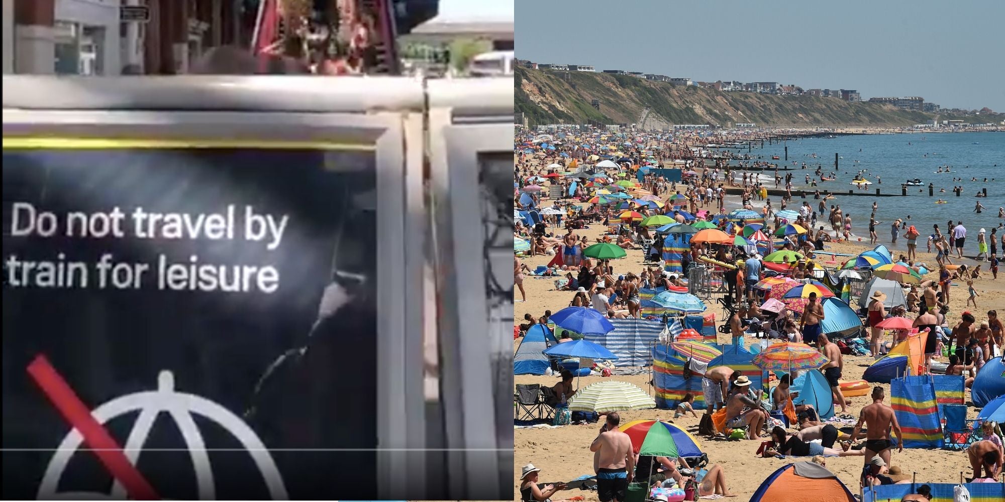 Huge crowd of beachgoers cram past 'do not travel for leisure' sign at ...
